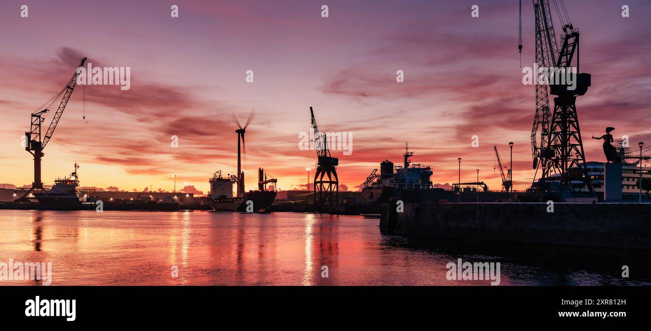Container cargo ships at logistic port at sunset - Industrial ...