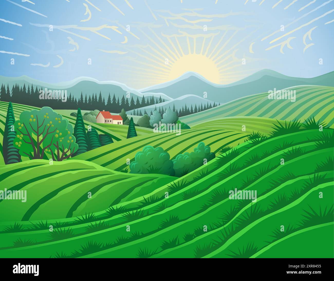 Fields Hills Farm House Landscape Background Stock Vector Image & Art ...