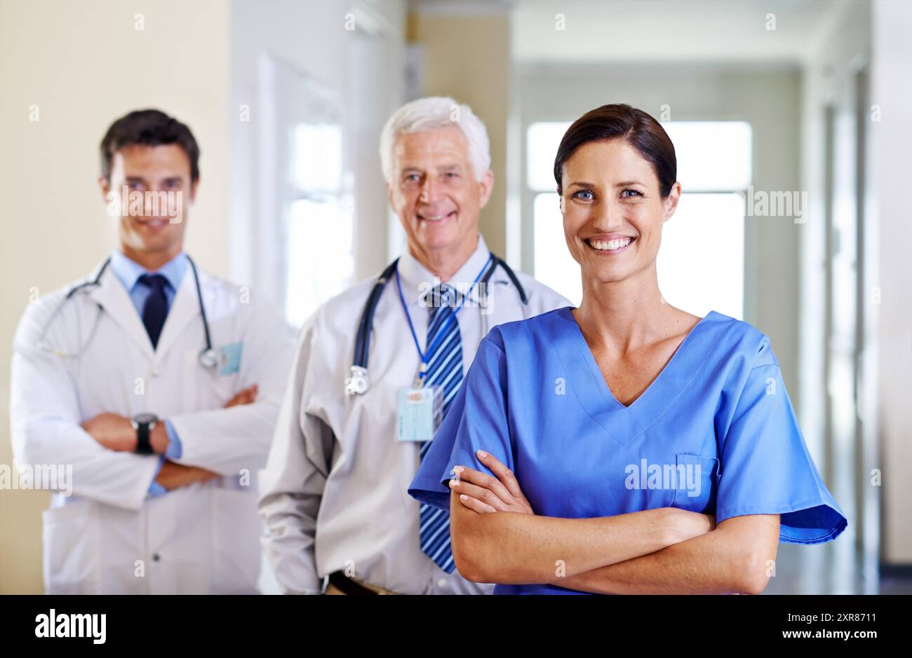 Doctors, nurse and team portrait in hospital for healthcare pride ...