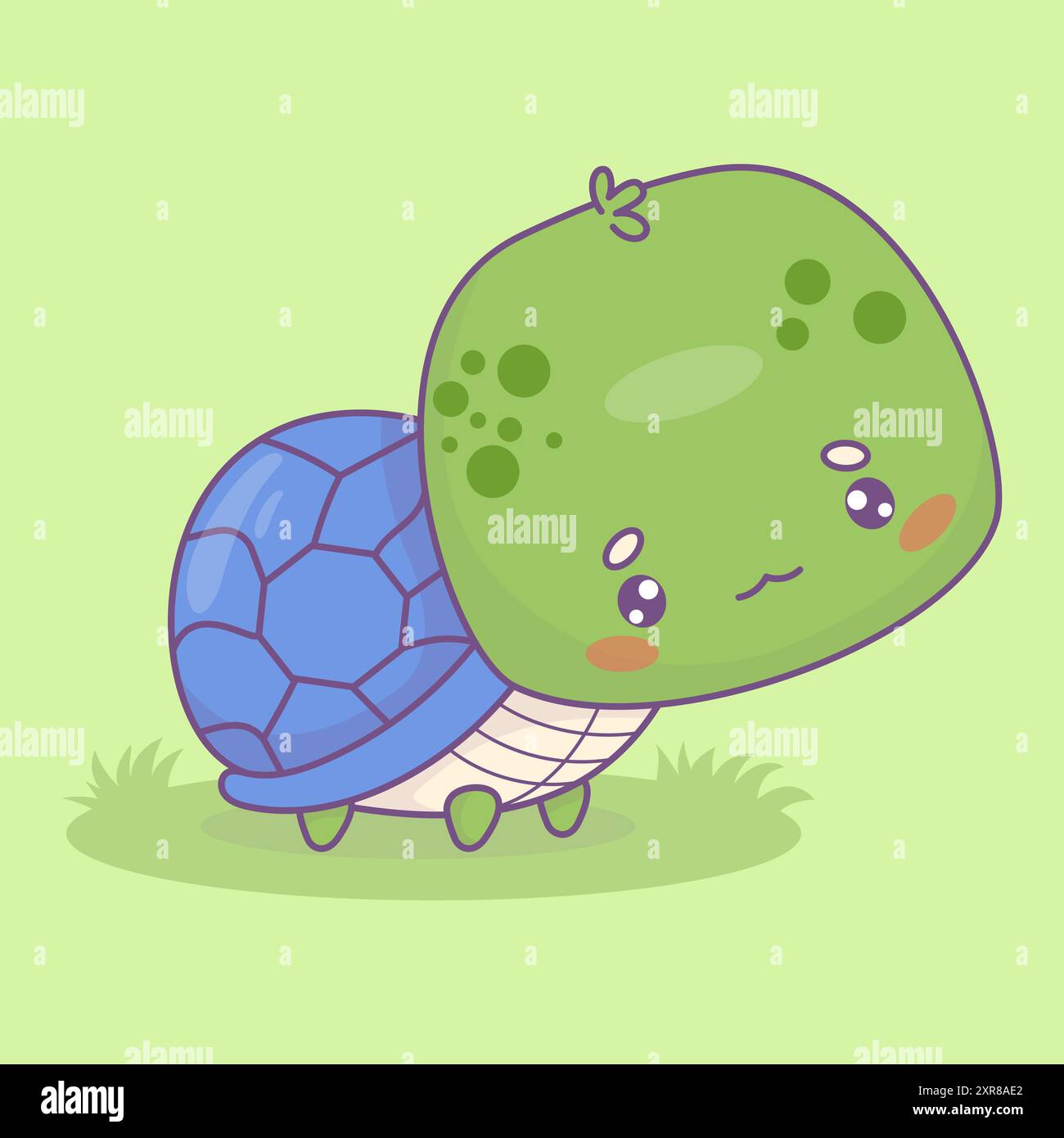 Cute cartoon turtle standing in grass. Funny little kawaii animal ...