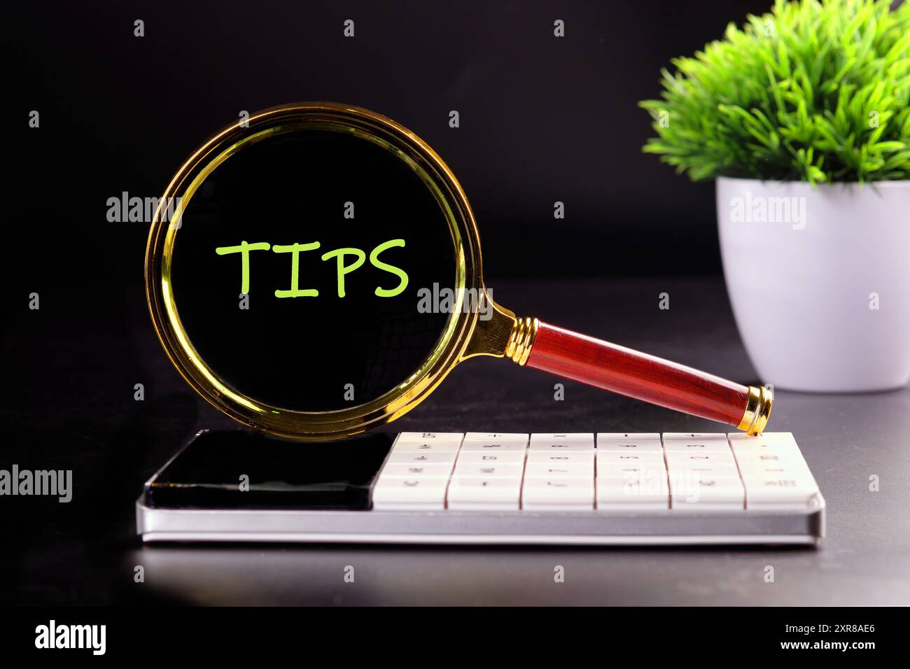 TIPS written through the lens of a magnifying glass in the dark Stock ...