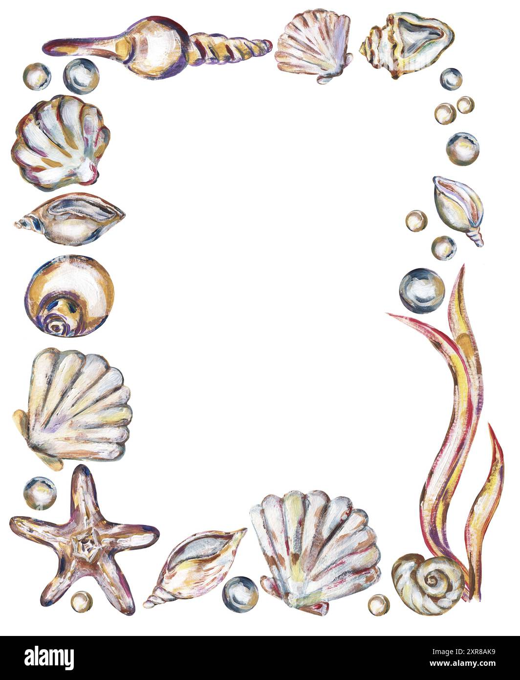 Graphic acrylic hand drawn sea shells frame, sea star and corals wreath ...
