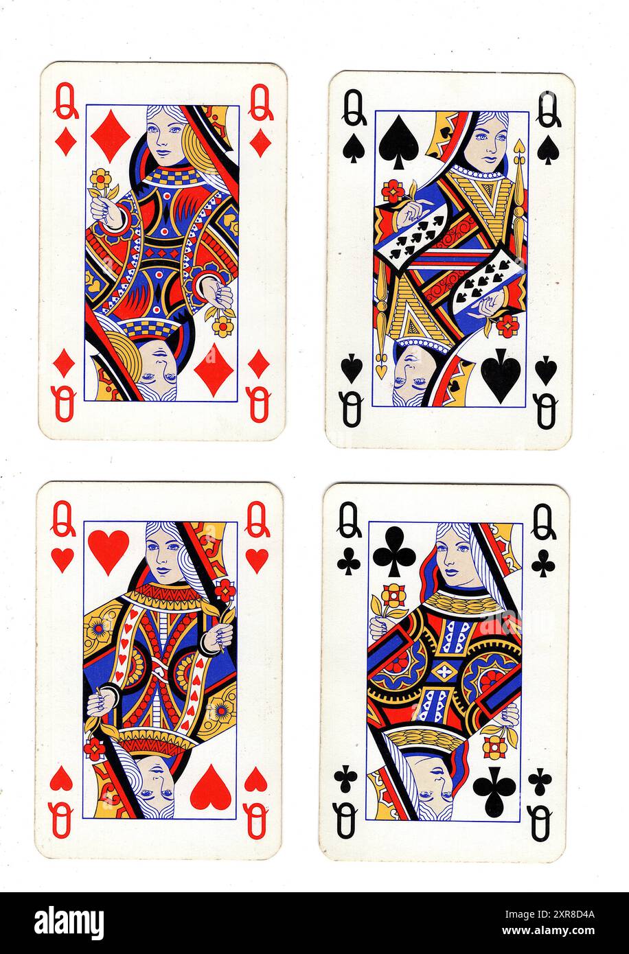 Vintage playing cards showing four queens on a white background Stock ...