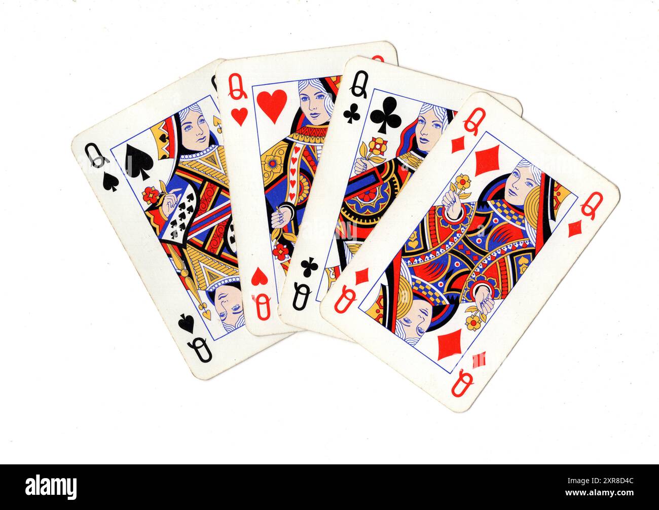 Vintage playing cards showing four queens on a white background Stock ...