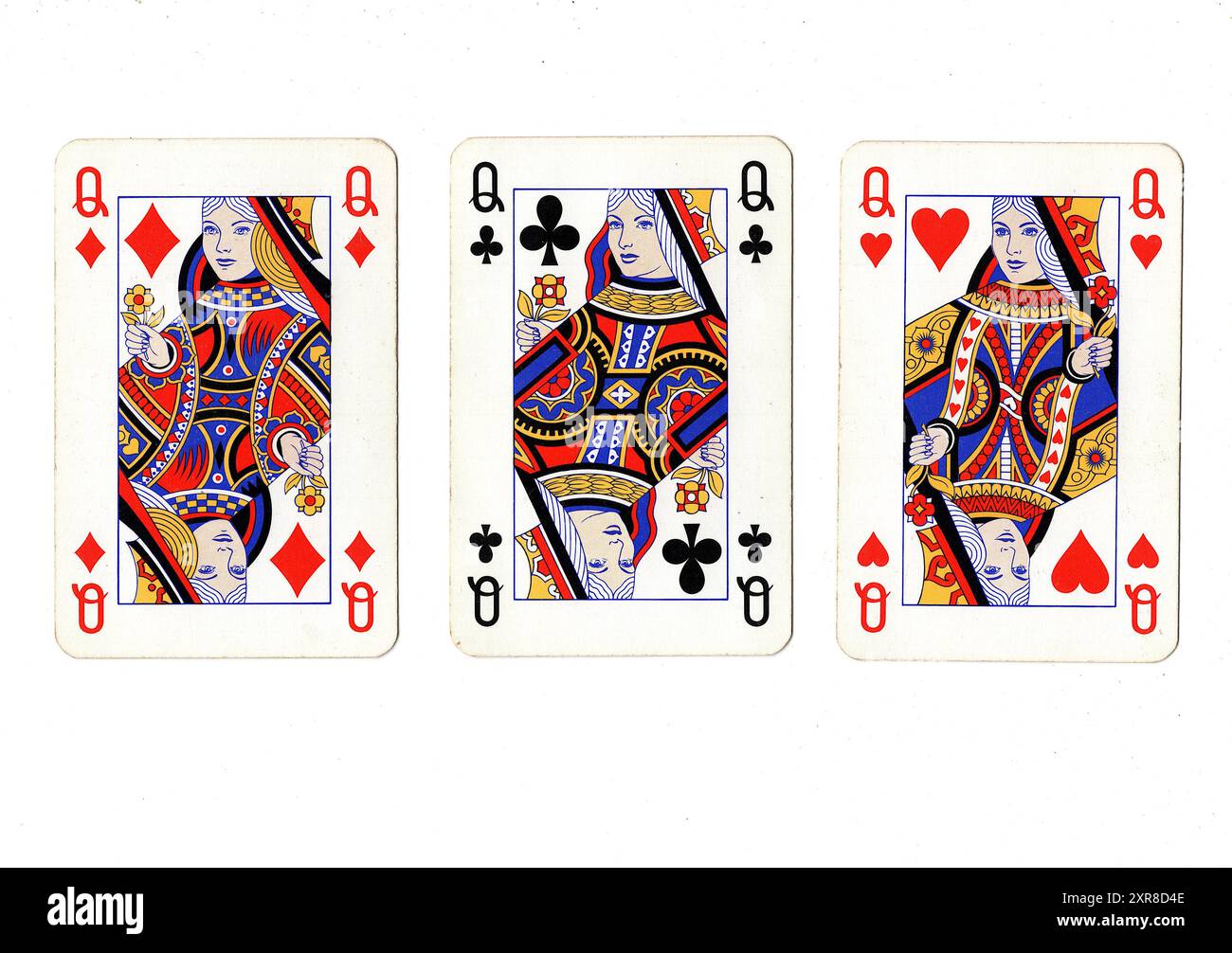 Vintage playing cards showing three queens on a white background Stock ...