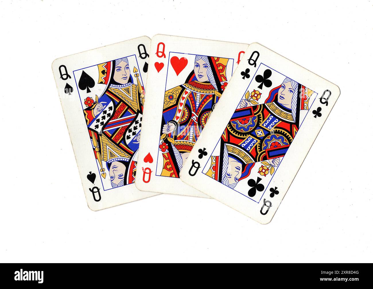 Vintage playing cards showing three queens on a white background Stock ...