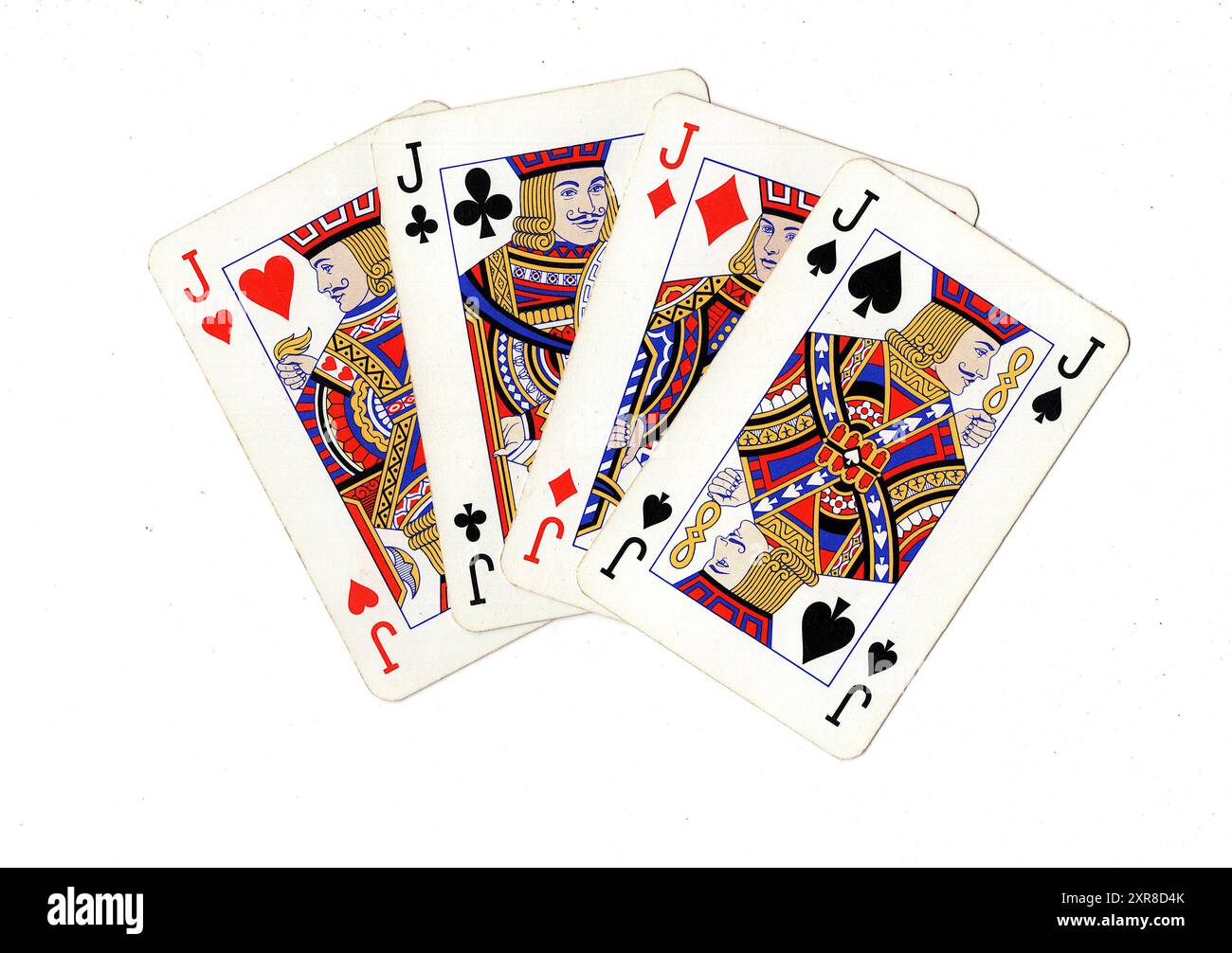 Vintage playing cards showing four jacks on a white background Stock ...