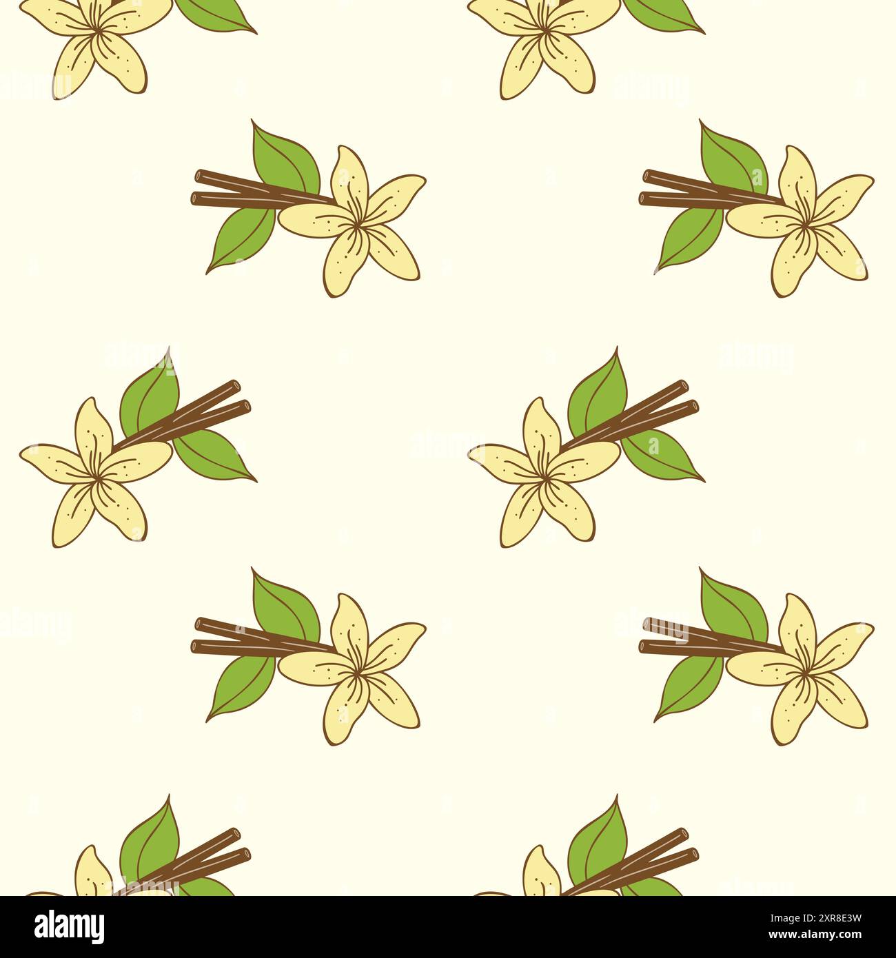 Pattern with cinnamon sticks and vanilla flower doodle color drawing on ...