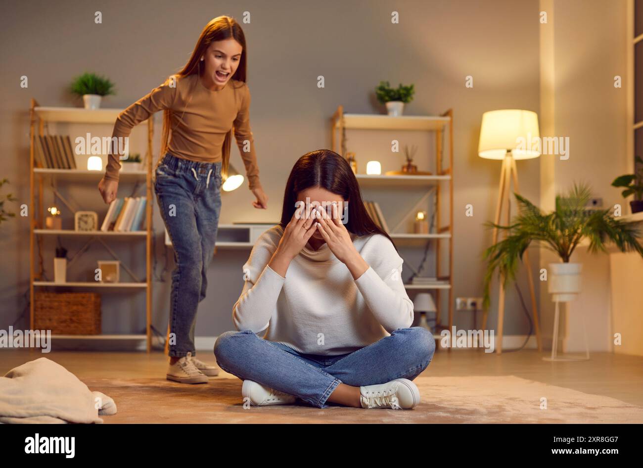 Daughter angry cry to mother in conflict, aggressive miscommunication ...