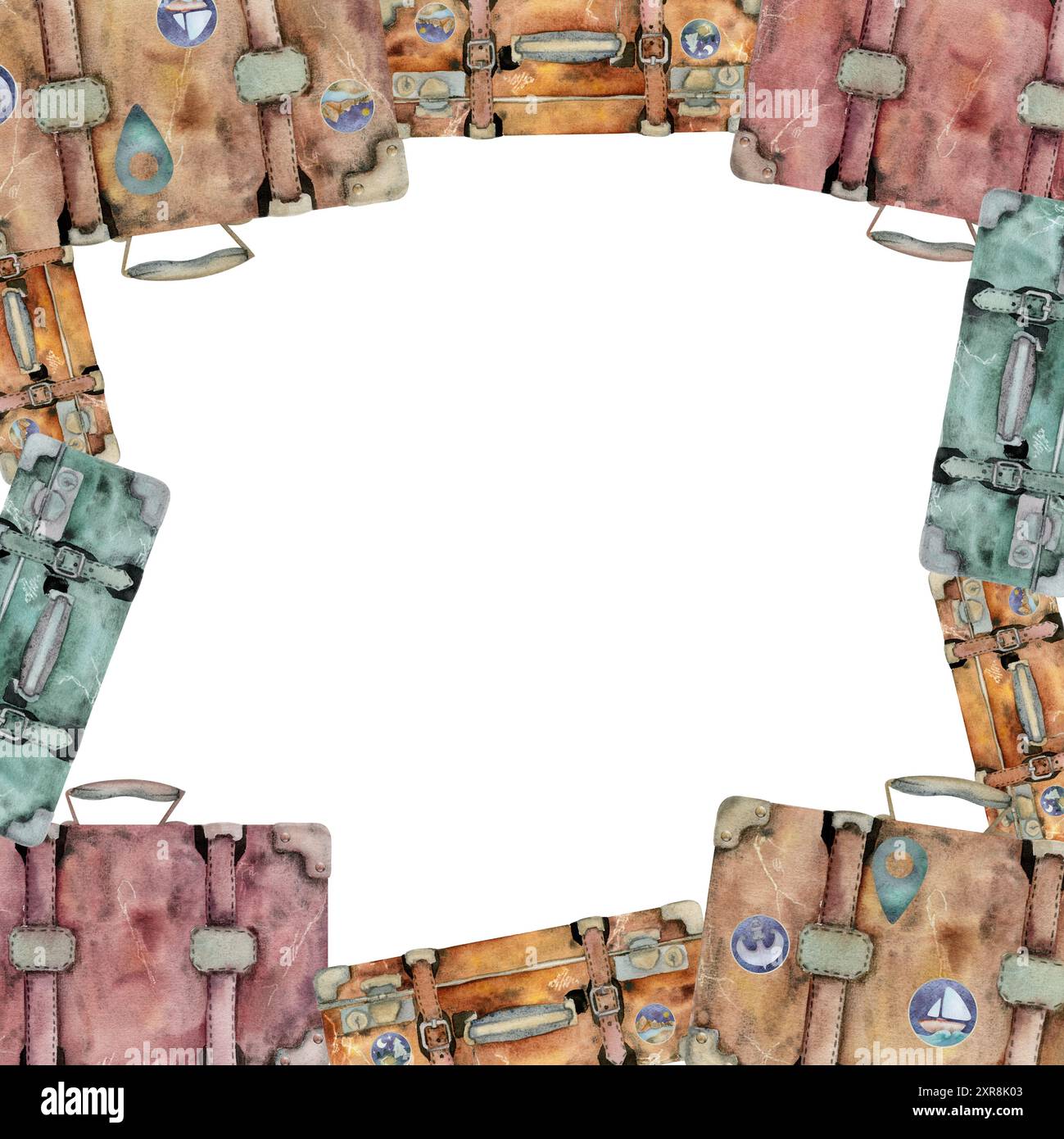 Old retro vintage leather suitcases baggage luggage. Watercolor hand ...