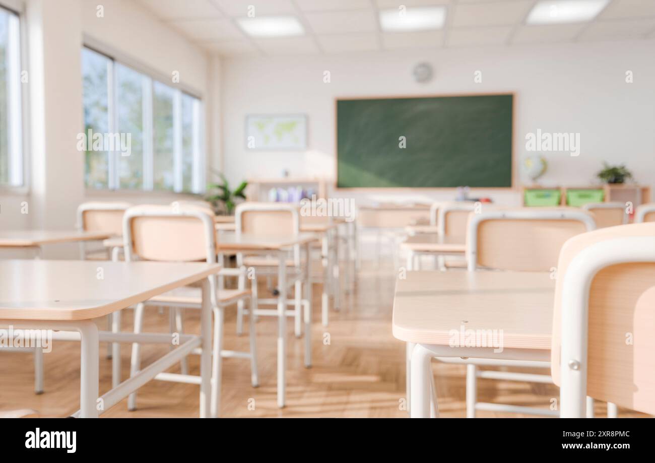 Empty classroom background with rows of desks and chairs facing a chalkboard, with bright ...