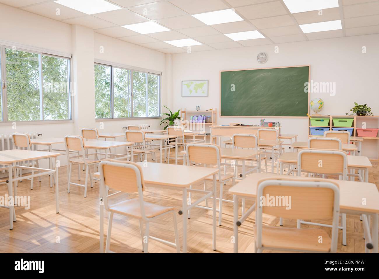 Bright and spacious classroom with large windows, green chalkboard, and ...