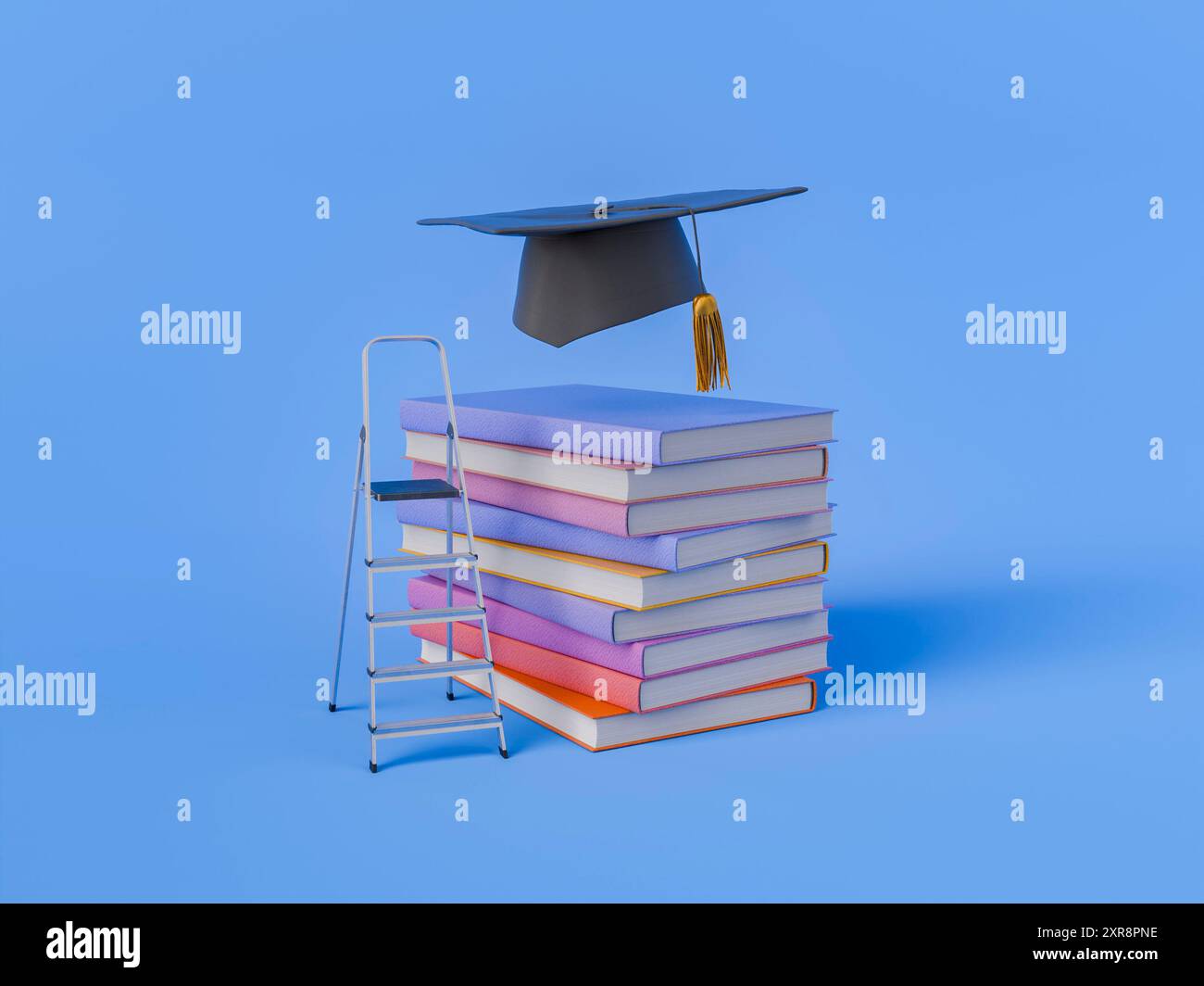Graduation cap placed on a stack of colorful books next to a small ...