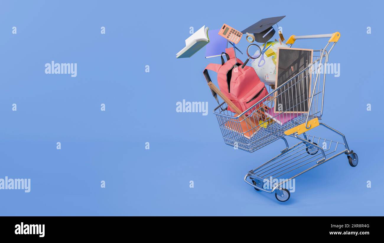 Shopping cart filled with school supplies, including a backpack, books ...