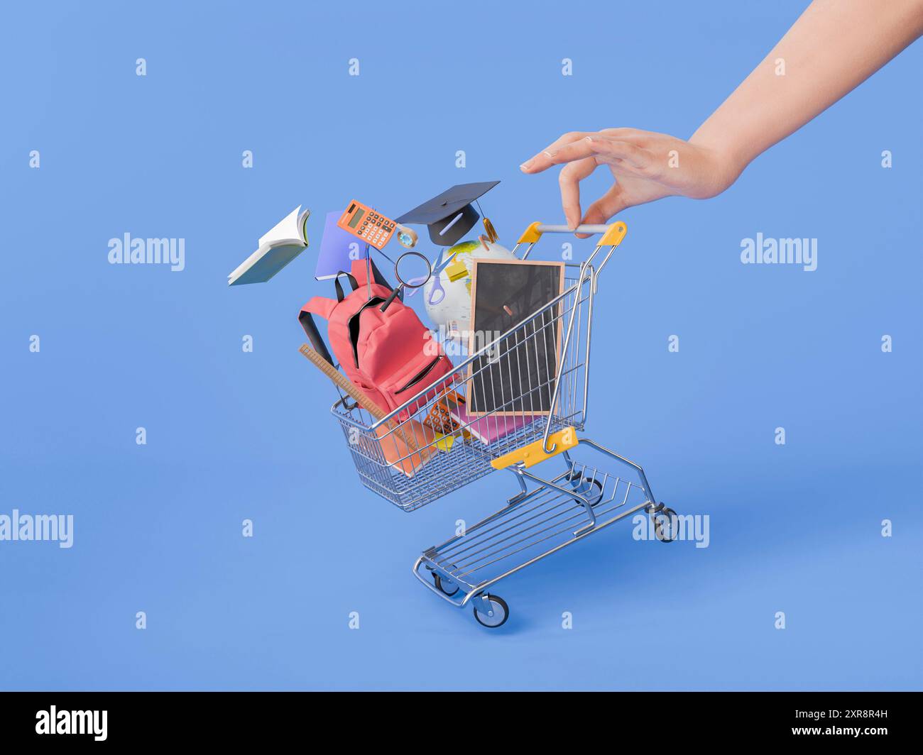 Hand pushing a shopping cart filled with school supplies, including a ...