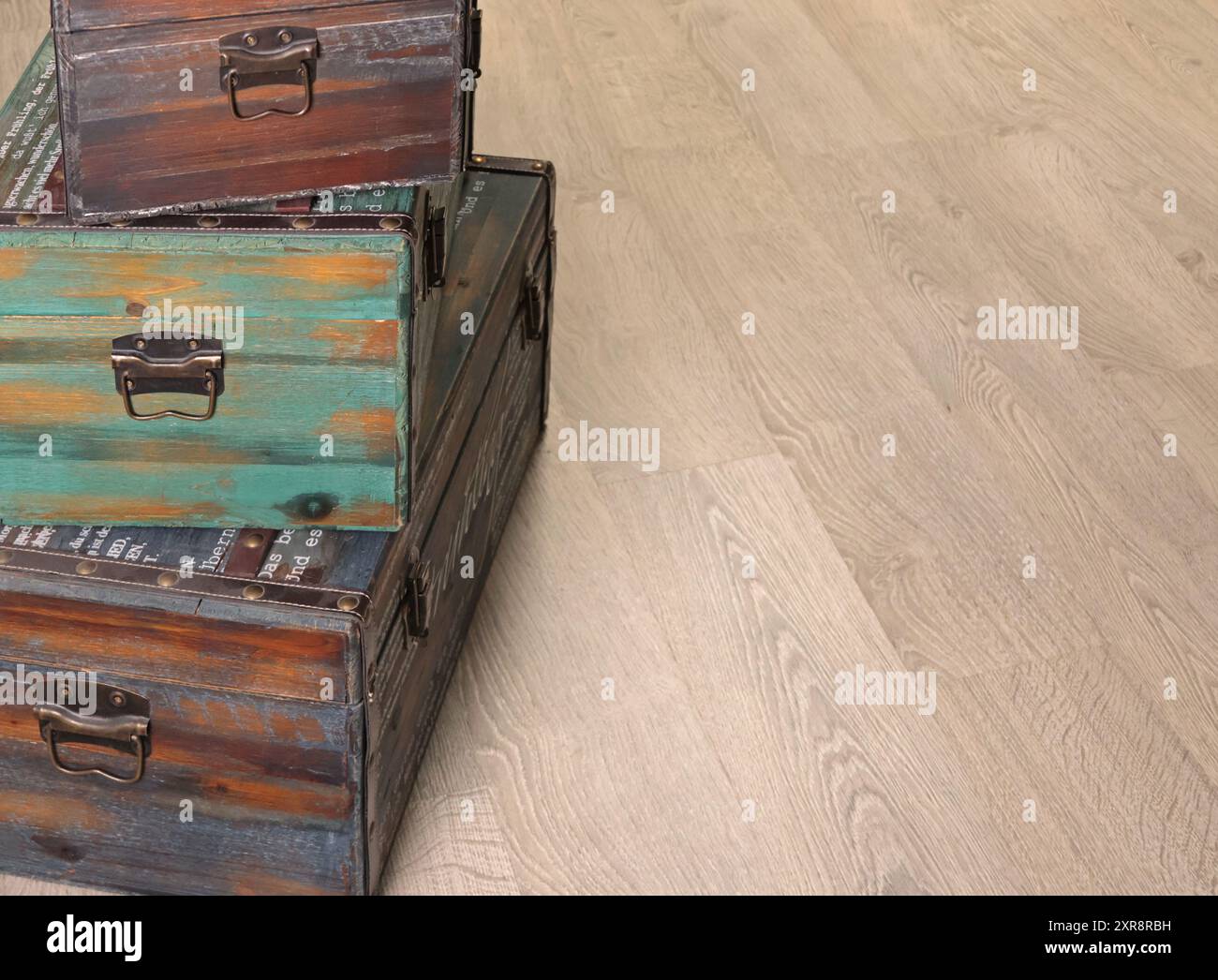 Colorful wooden chests on floor. Background for design. Traditions and ...