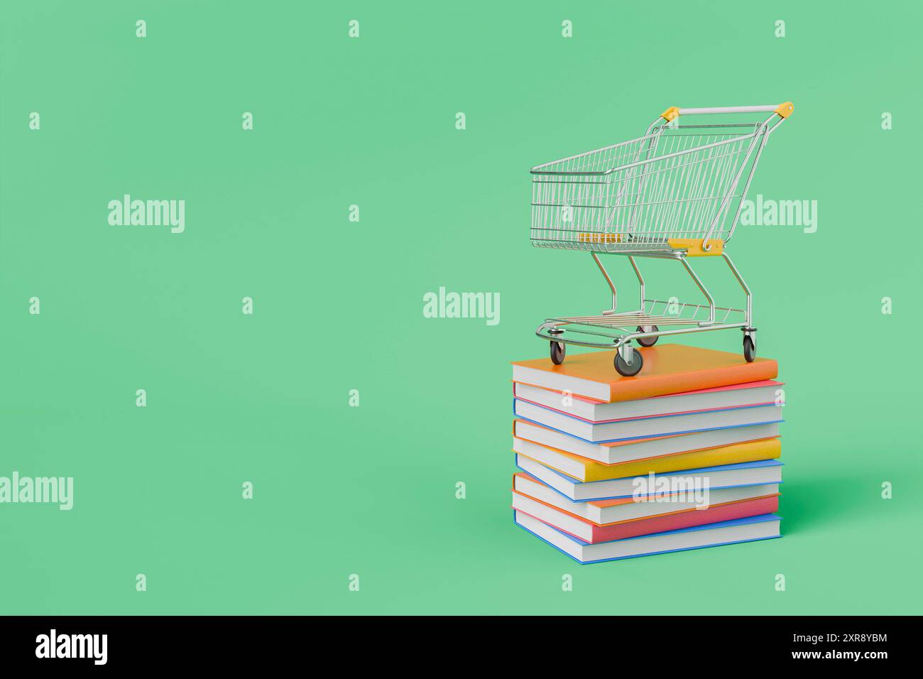 Miniature shopping cart standing on a stack of colorful books, online ...