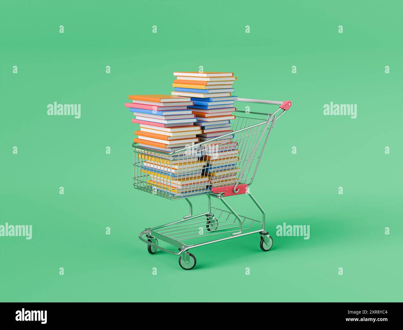 Shopping cart full of colorful books on green background representing ...