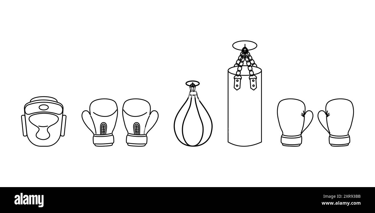 Boxing hand drawn icon set. Equipment for training and fighting gloves ...