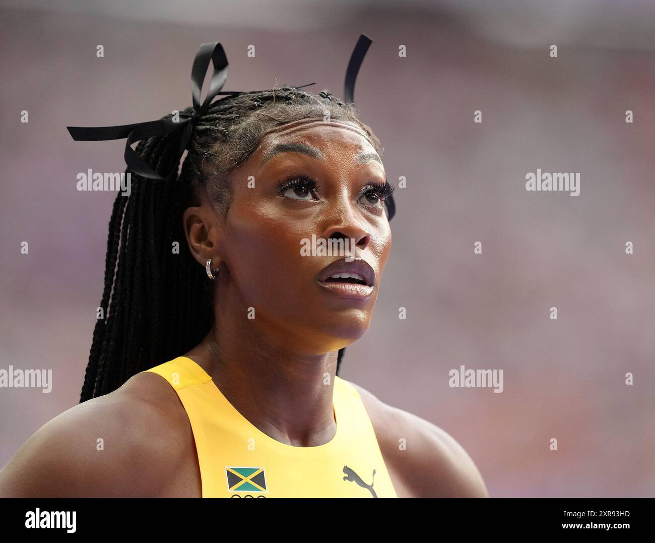 Paris, France. 9th Aug, 2024. Charokee Young of team Jamaica reacts ...