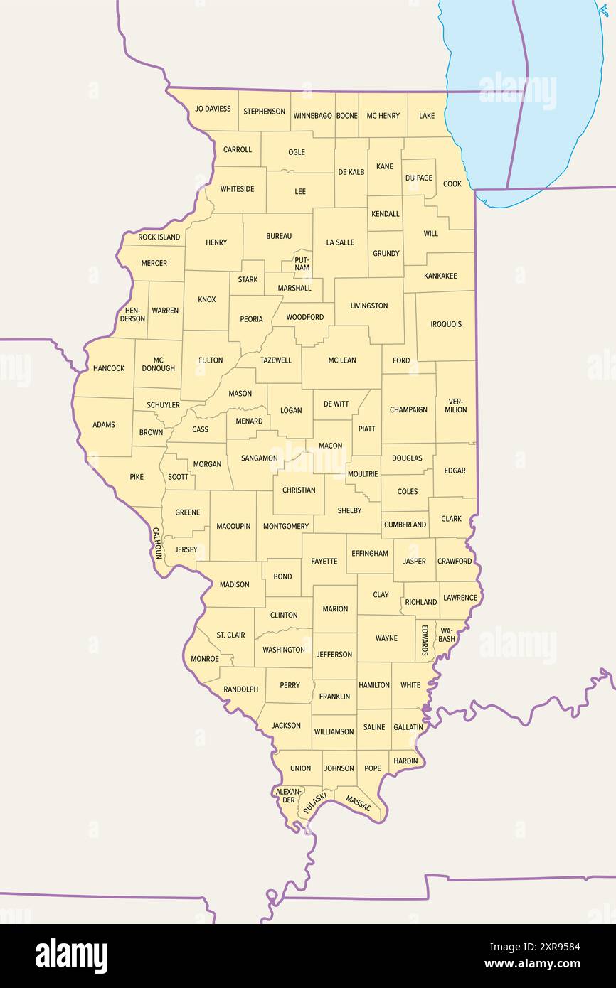 Illinois, U.S. state subdivided into 102 counties, political map with ...