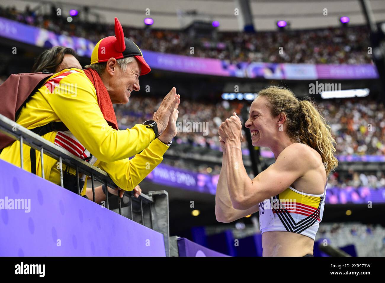 Paris, France. 09th Aug, 2024. Belgian team leader Tille Scheerlinck, Athletics coach Fernando ...