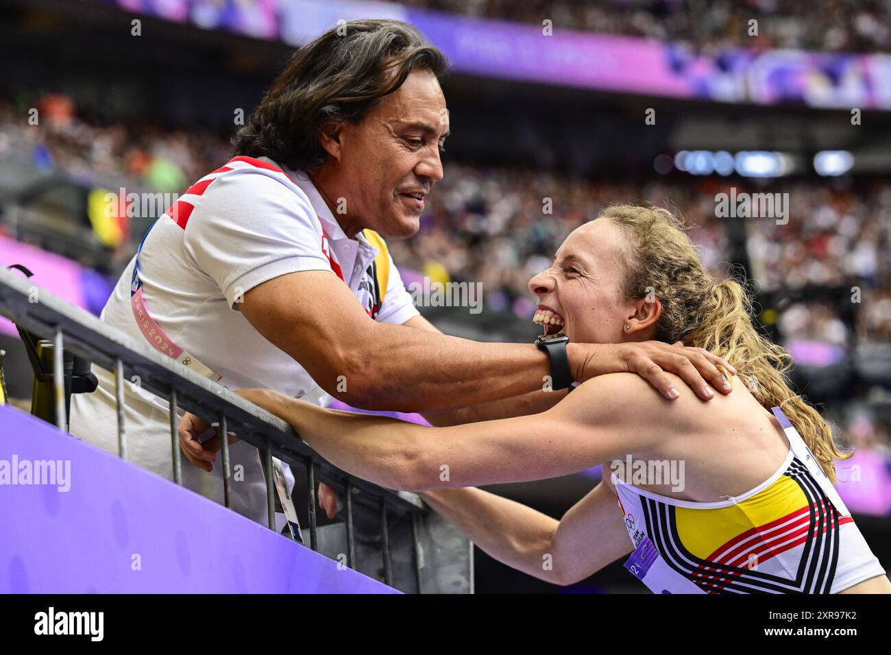 Paris, France. 09th Aug, 2024. Athletics coach Fernando Oliva and Belgian athlete Noor Vidts ...