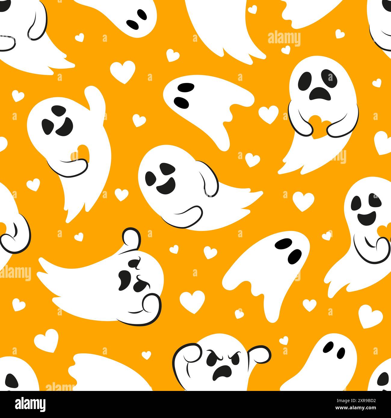 Halloween seamless pattern with cute little ghosts. White ghosts on orange background. Pattern ...