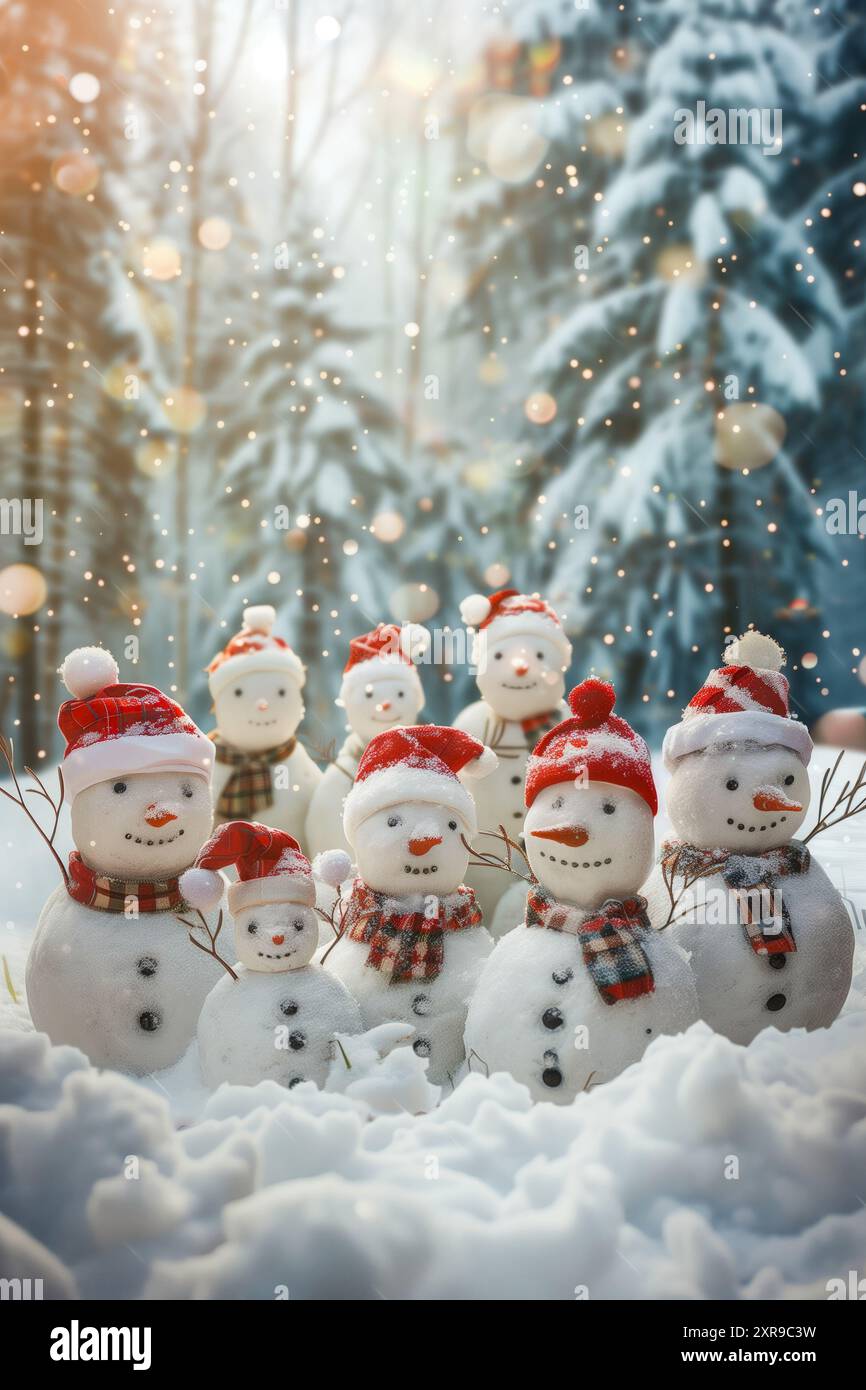 Many snowmen standing in winter Christmas landscape.Christmas ...