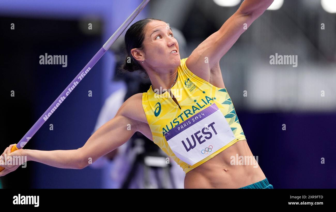 Tori West, of Australia, throws in the women's heptathlon javelin at ...