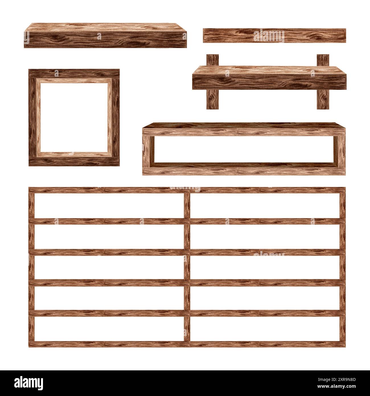 Set of shelfs and rack. Bookcase with wooden texture. Plank hanging for ...