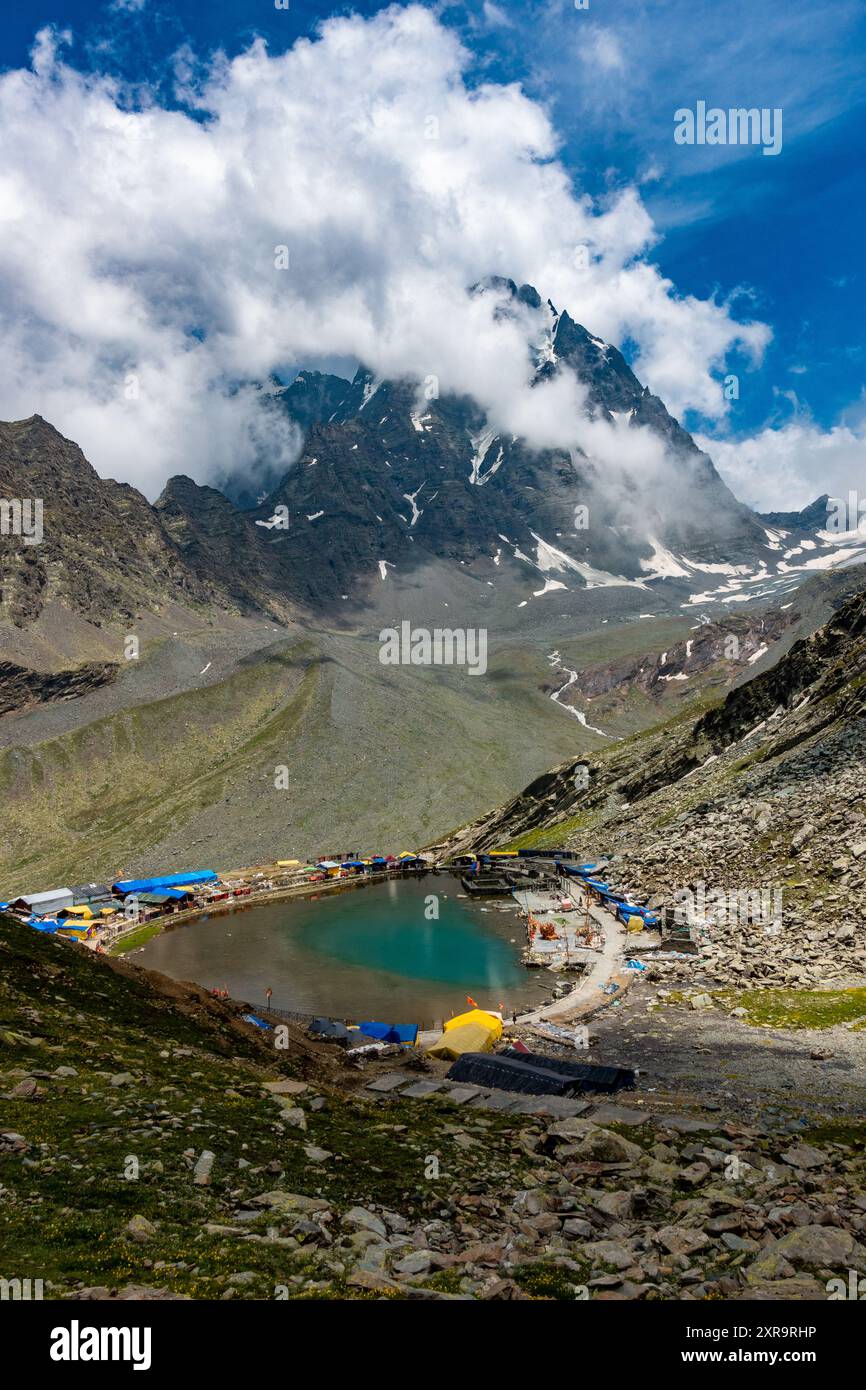 Kailash Manimahesh Peak with the sacred Manimahesh Dal Lake, enveloped ...