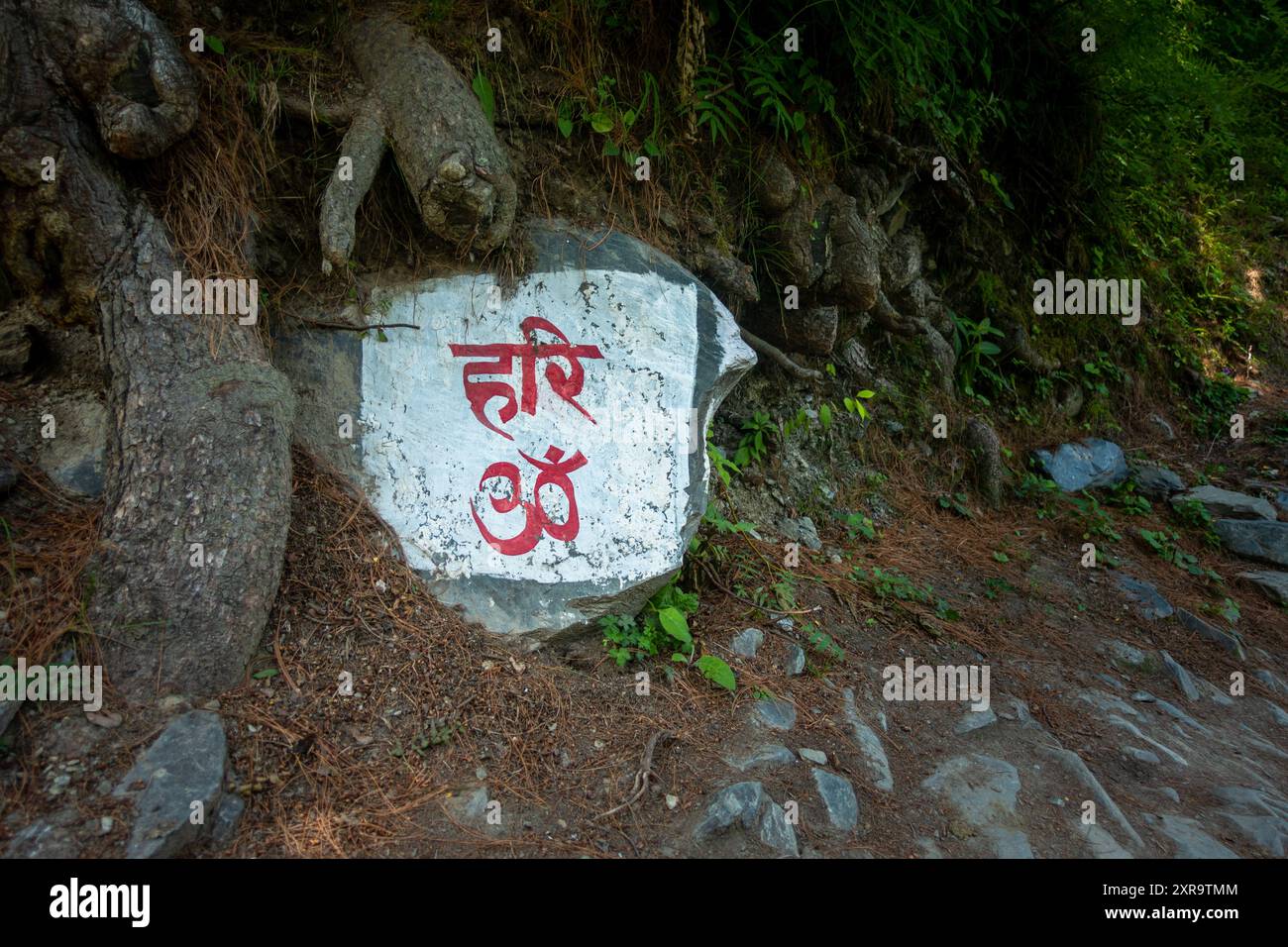 A stone inscribed with "Hari Om" in Hindi, a spiritual slogan praising ...