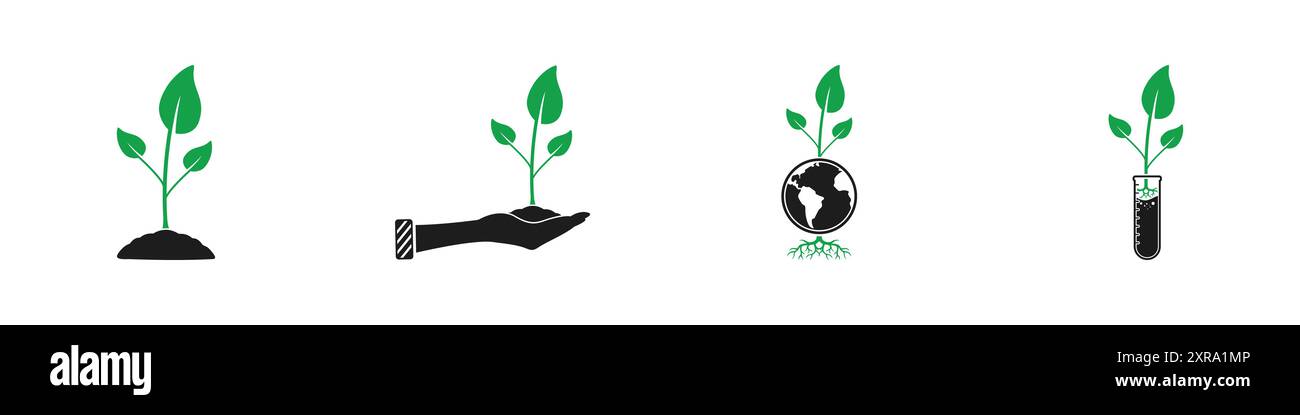 Plant Icon Set. Collection of Tree, Green Leaves, Care, Globe, Test ...