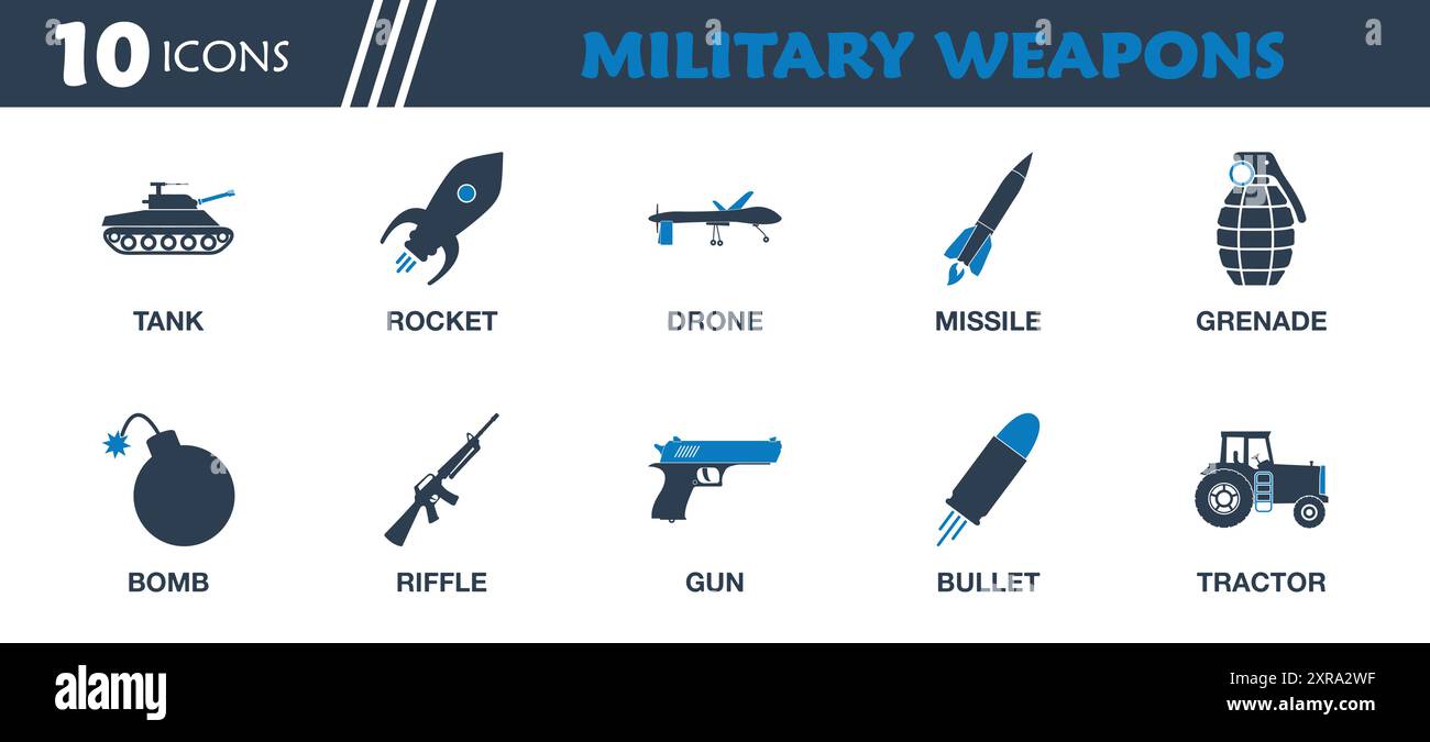 Military Weapon Icon Set. Collection of War Tank, Rocket, Drone ...
