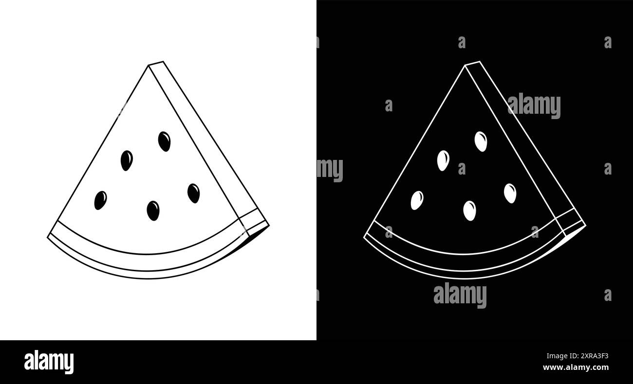 Watermelon slice outline with seeds. A vector fruit, isolated on the black and white background ...