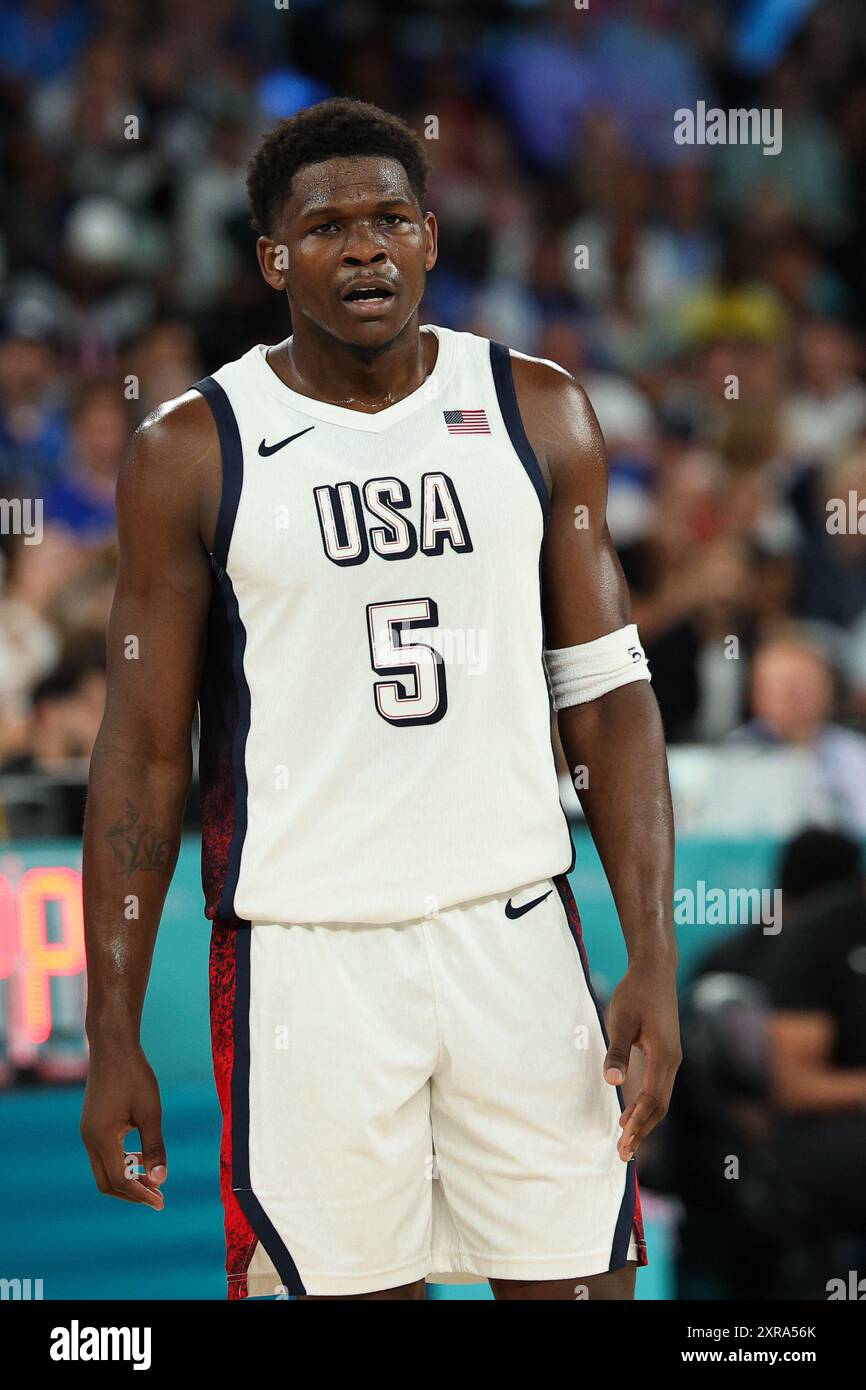PARIS, FRANCE. 8th Aug, 2024. Anthony Edwards #5 of Team United States ...