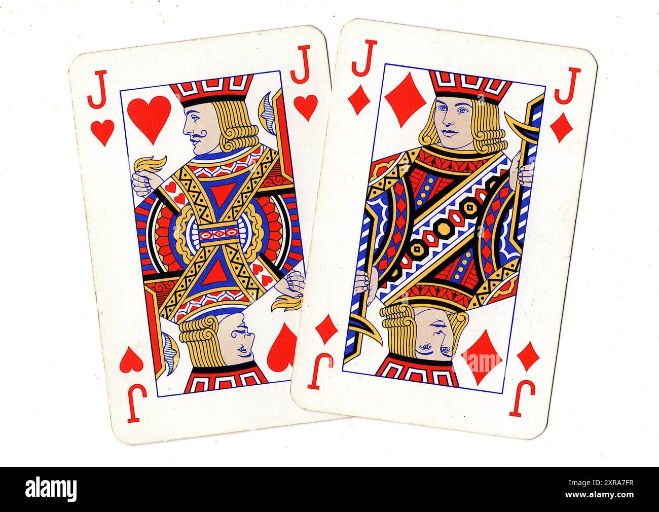 Vintage playing cards showing a pair of jacks on a white background ...