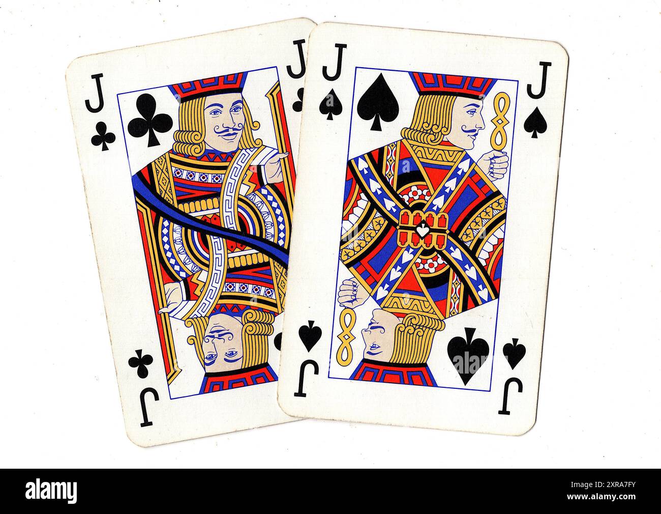 Vintage playing cards showing a pair of jacks on a white background ...
