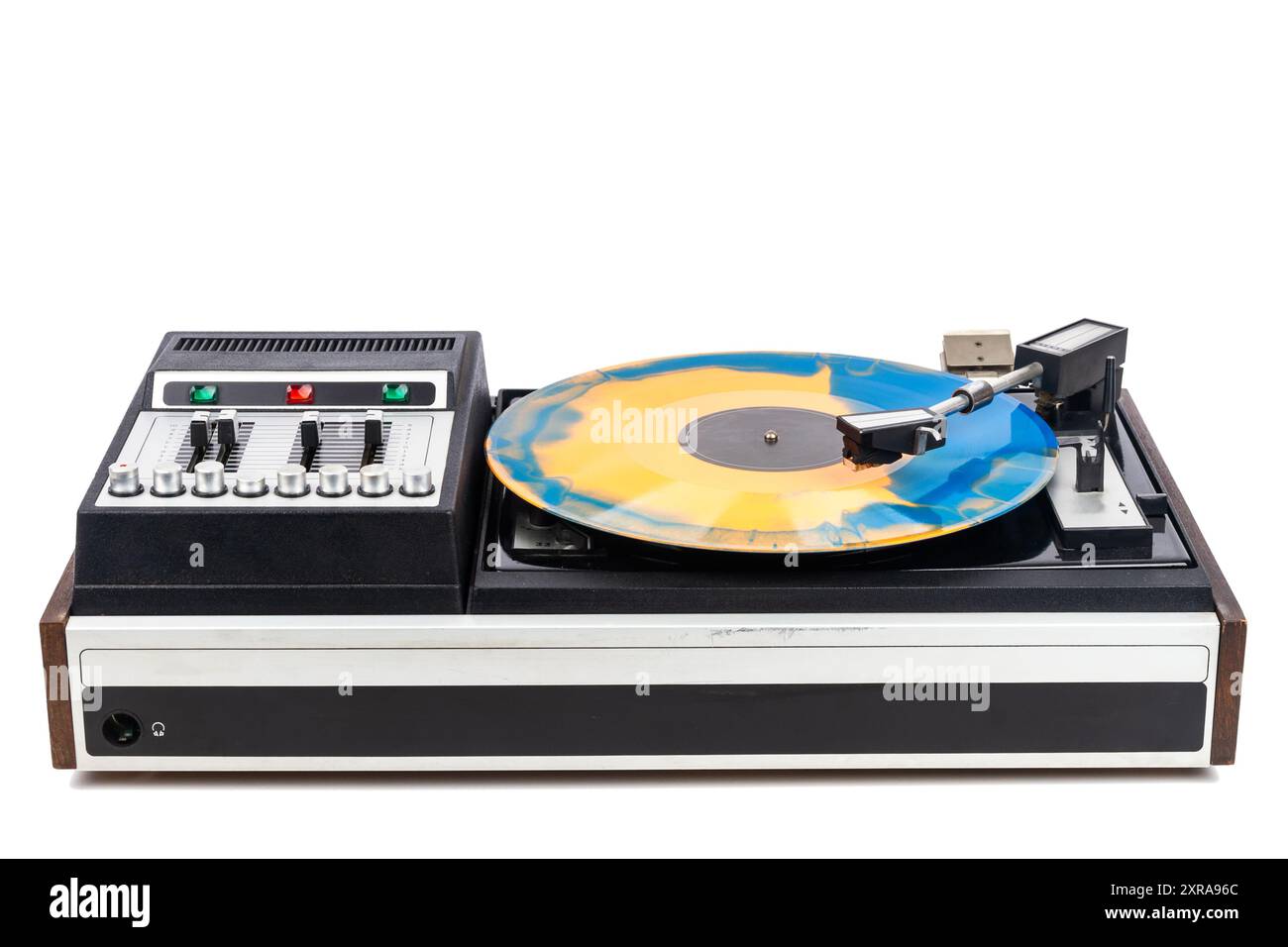 Vintage turntable record player with blue and orange vinyl isolated on ...