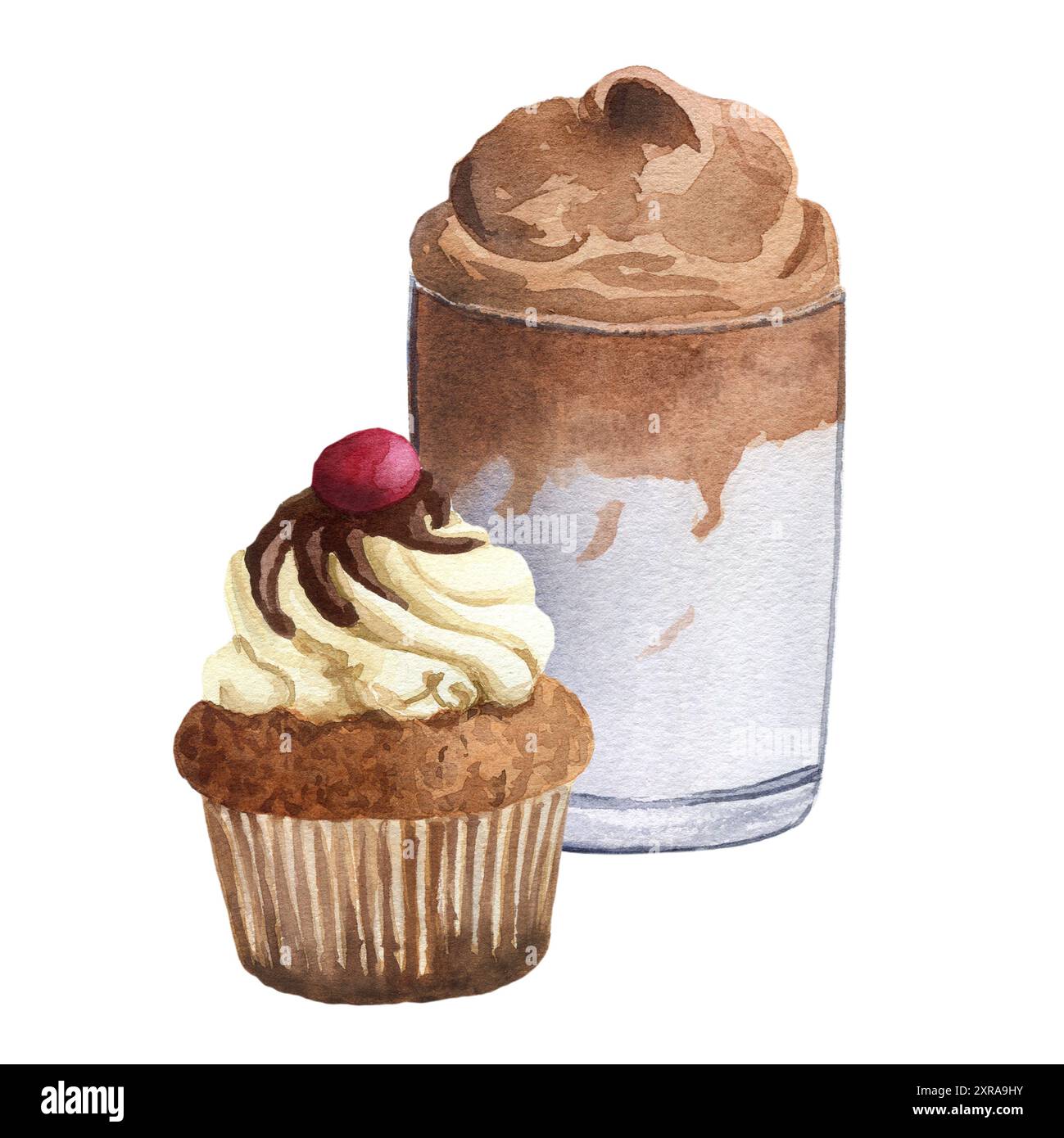 A glass of whipped coffee with cherry cupcake. Watercolor illustration ...