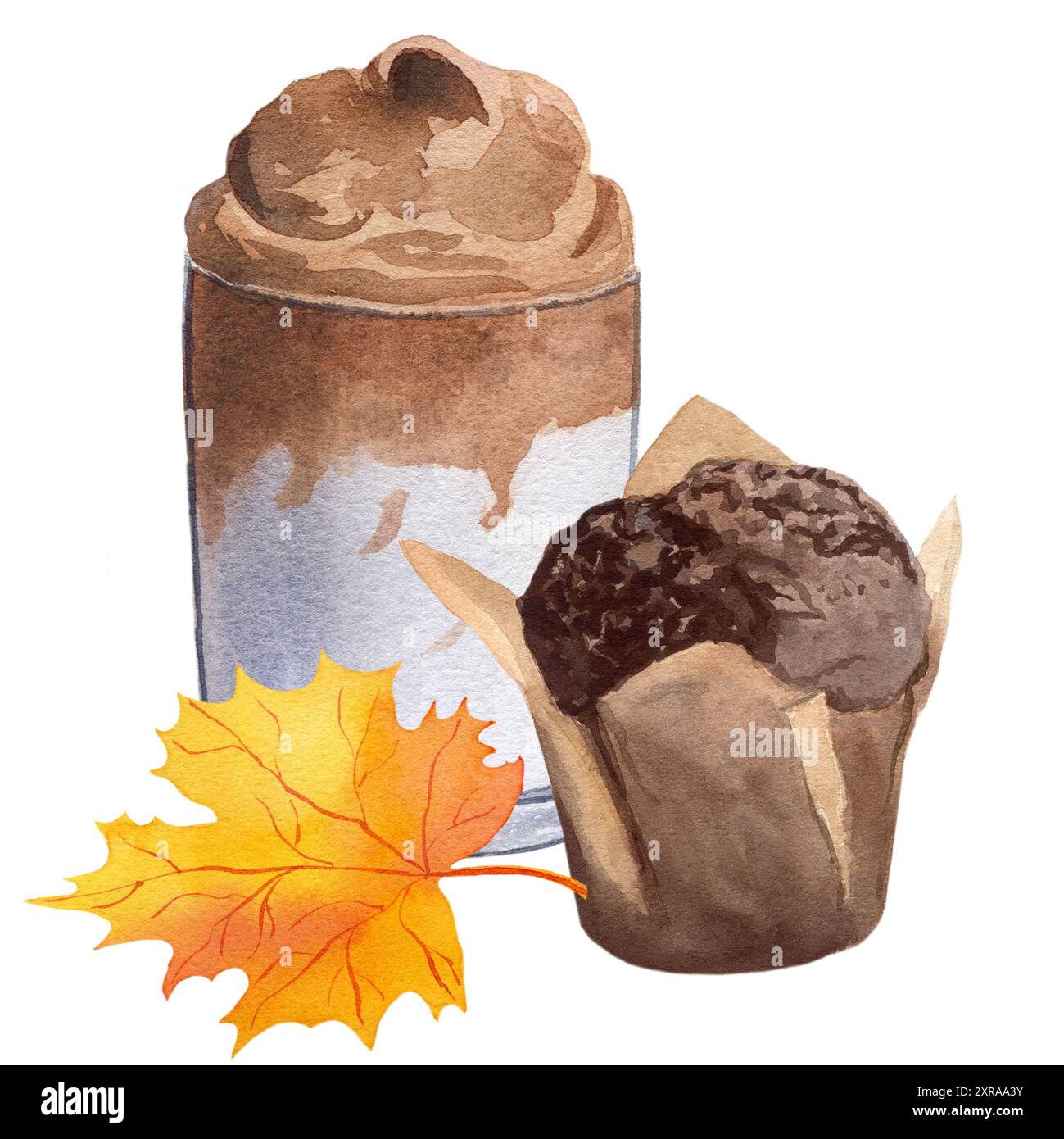 A glass of whipped coffee with chocolate muffin and maple leaf ...