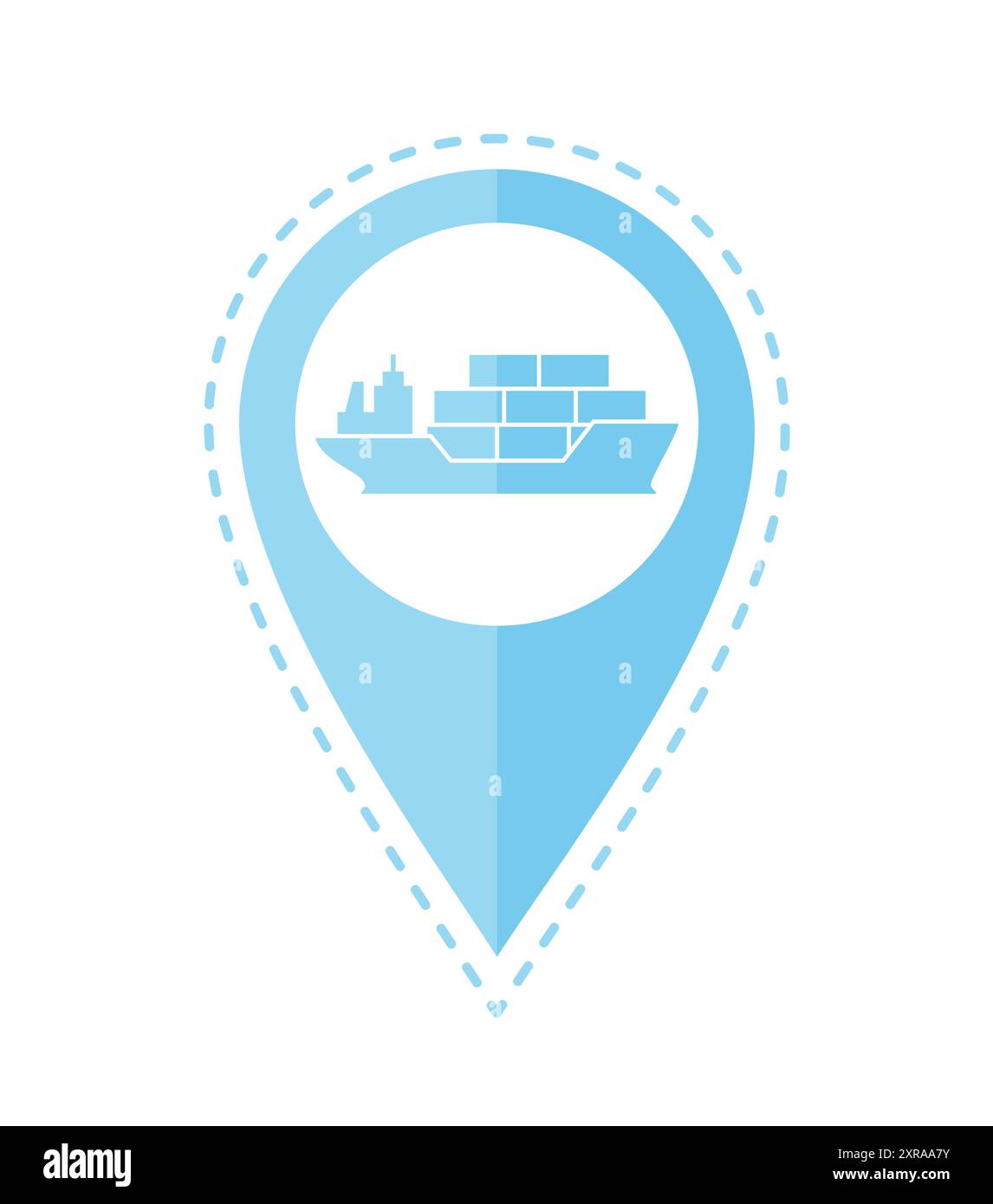 Blue map pin icon with ship inside and dotted line around, isolated on ...
