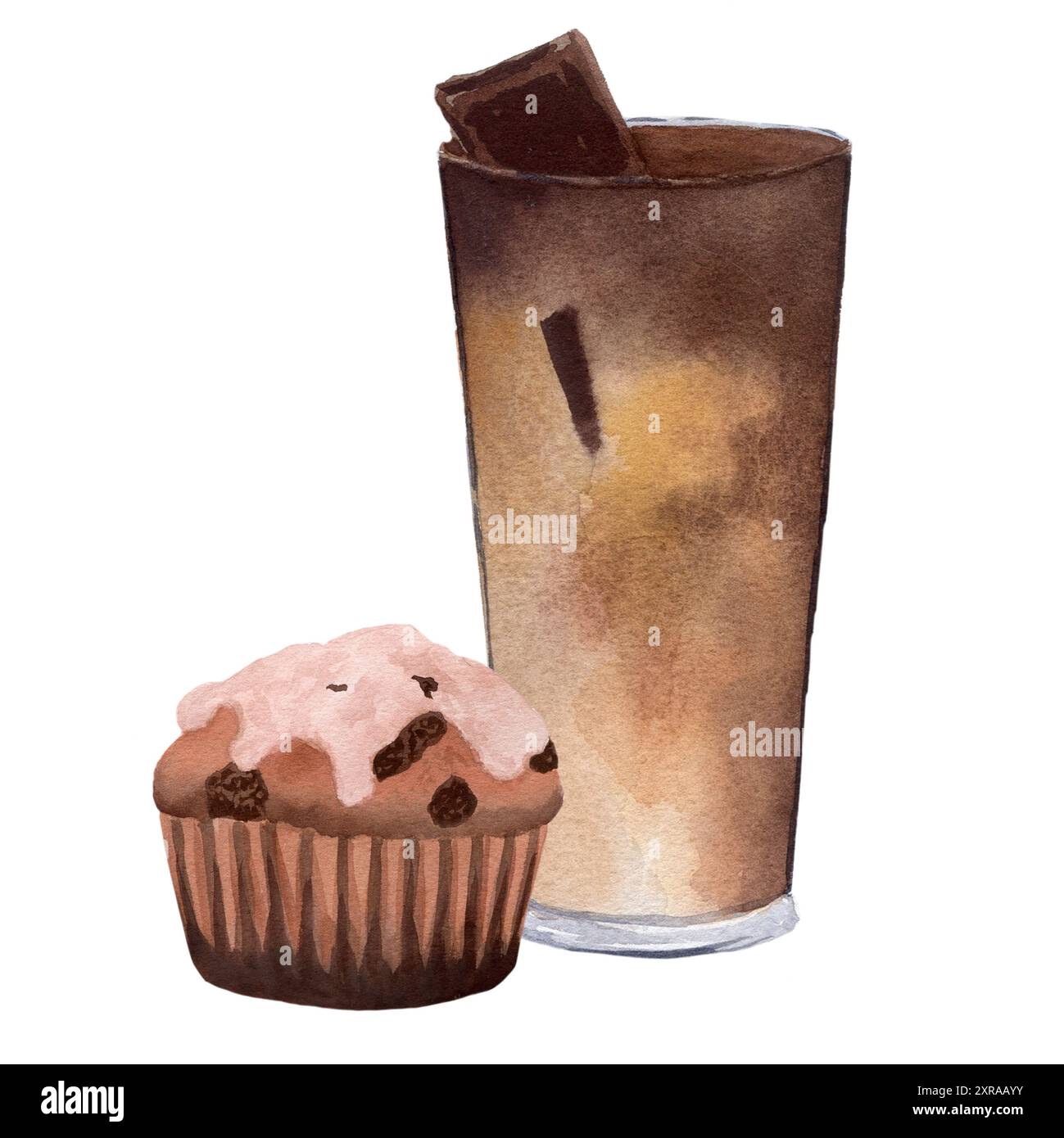 A glass of coffee with chocolate pieces and chocolate muffin ...