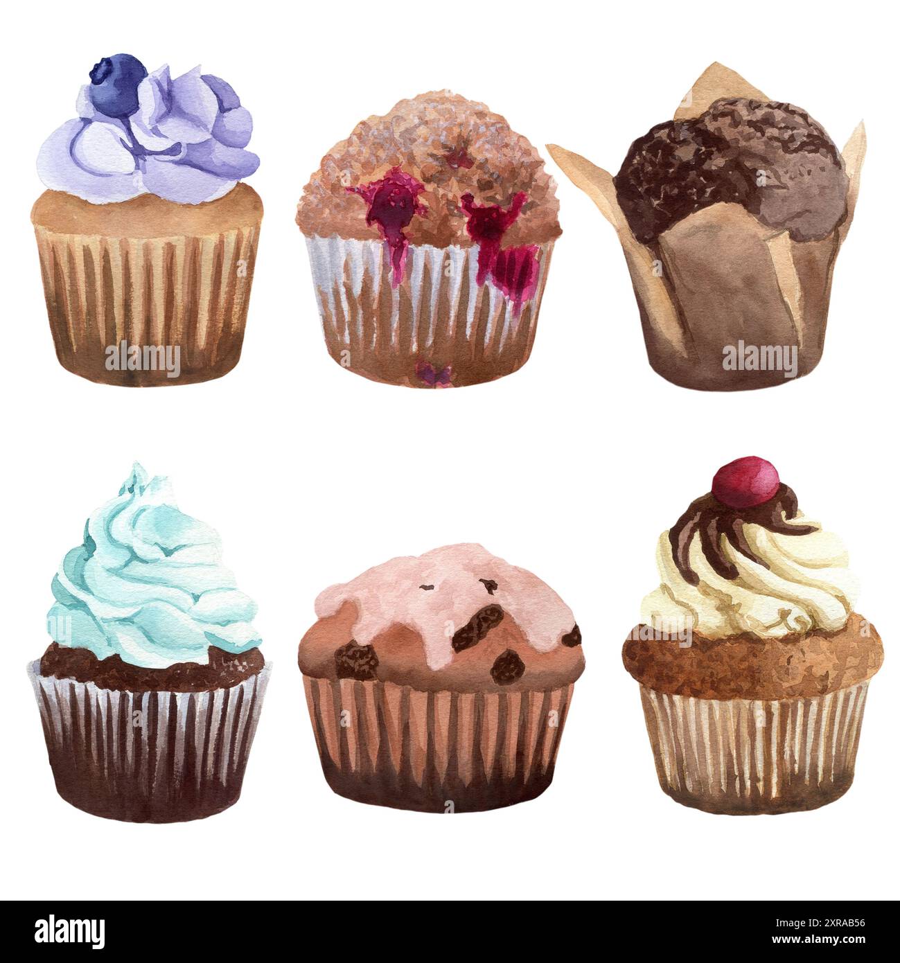Set of six cupcakes and muffins. Watercolor hand-drawn illustration ...