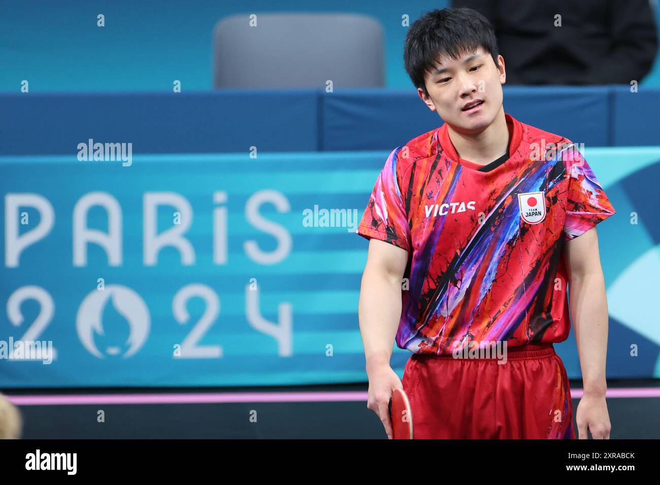 Paris, France. 9th Aug, 2024. Harimoto Tomokazu of Japan reacts during ...