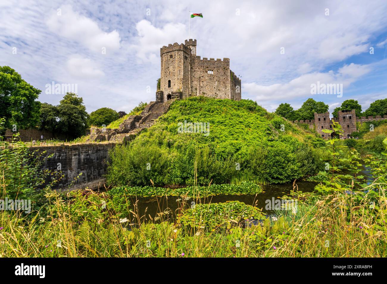 Cardiff panoramic cityscape with the Cardiff Castle and moat, a ...