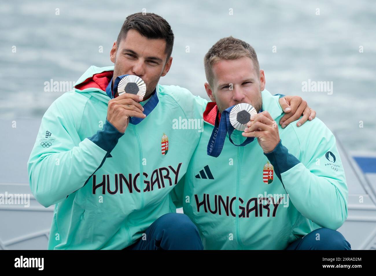Silver medalists Hungary's Bence Nadas and Sandor Totka pose during a ...