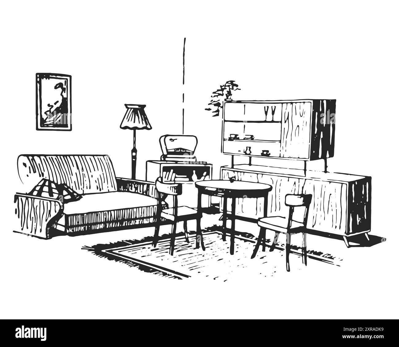 Retro room interior hand drawn ink illustration. Sketch vector drawing ...