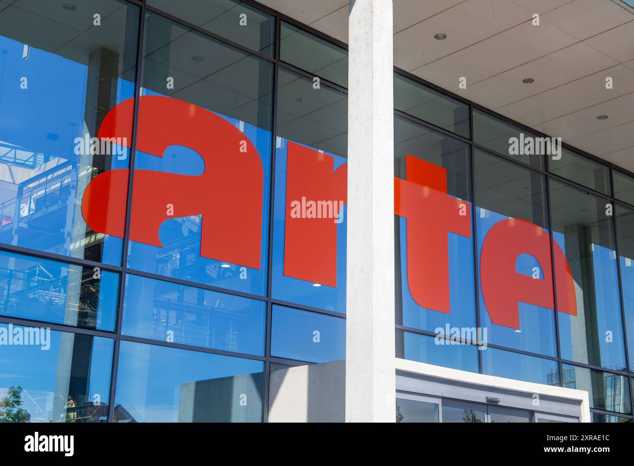 Close-up of the logo at the headquarters of the Franco-German public ...